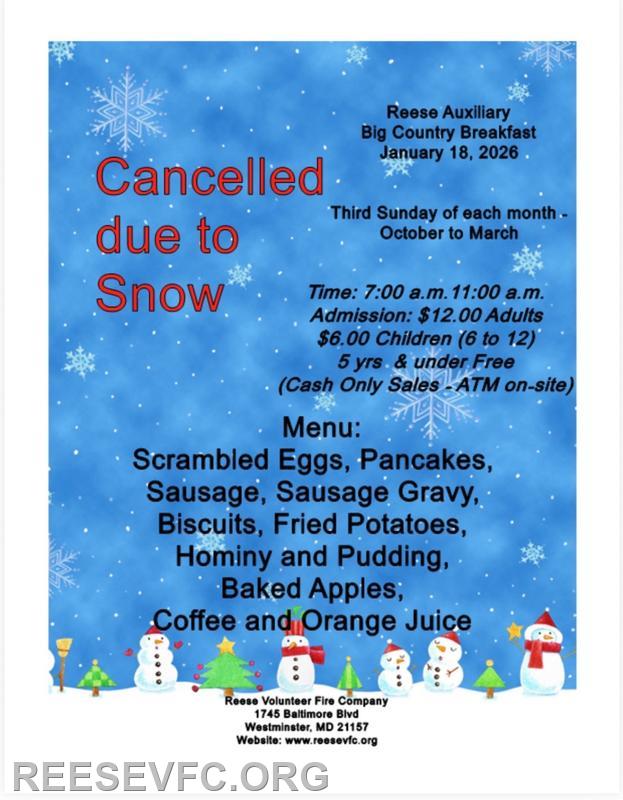 Breakfast cancelled due to weather - Reese & Community Fire Company